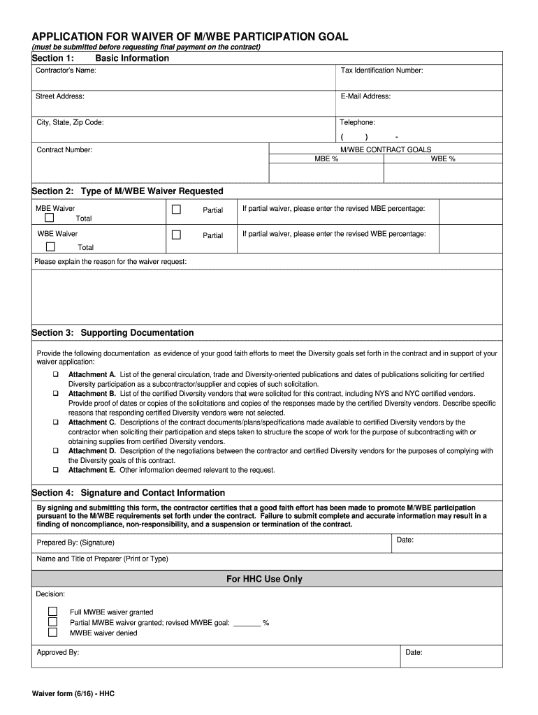 Fillable Online APPLICATION FOR WAIVER OF M/WBE PARTICIPATION GOAL Fax ...