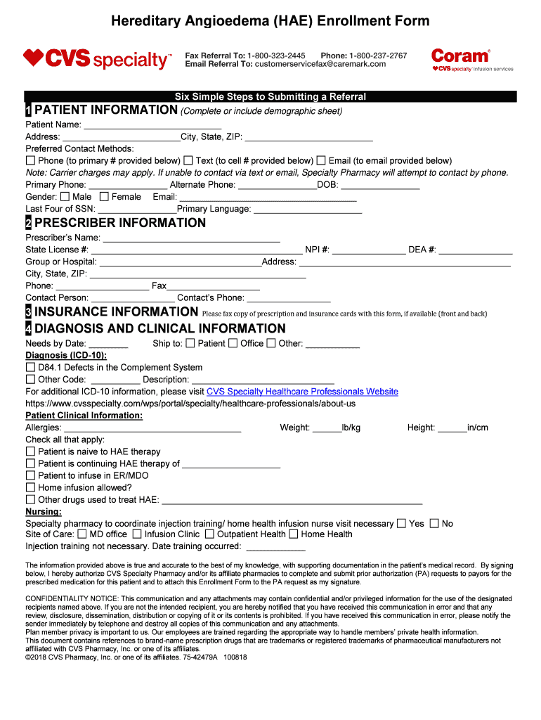 Hereditary Angioedema Enrollment Form - Blank Fillable Template | Fill ...
