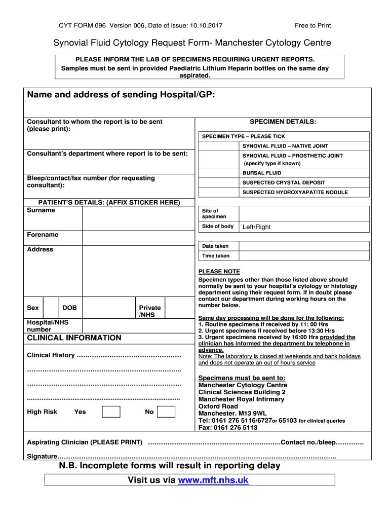 Fillable Online CYT FORM Synovial fluid Fax Email Print - pdfFiller
