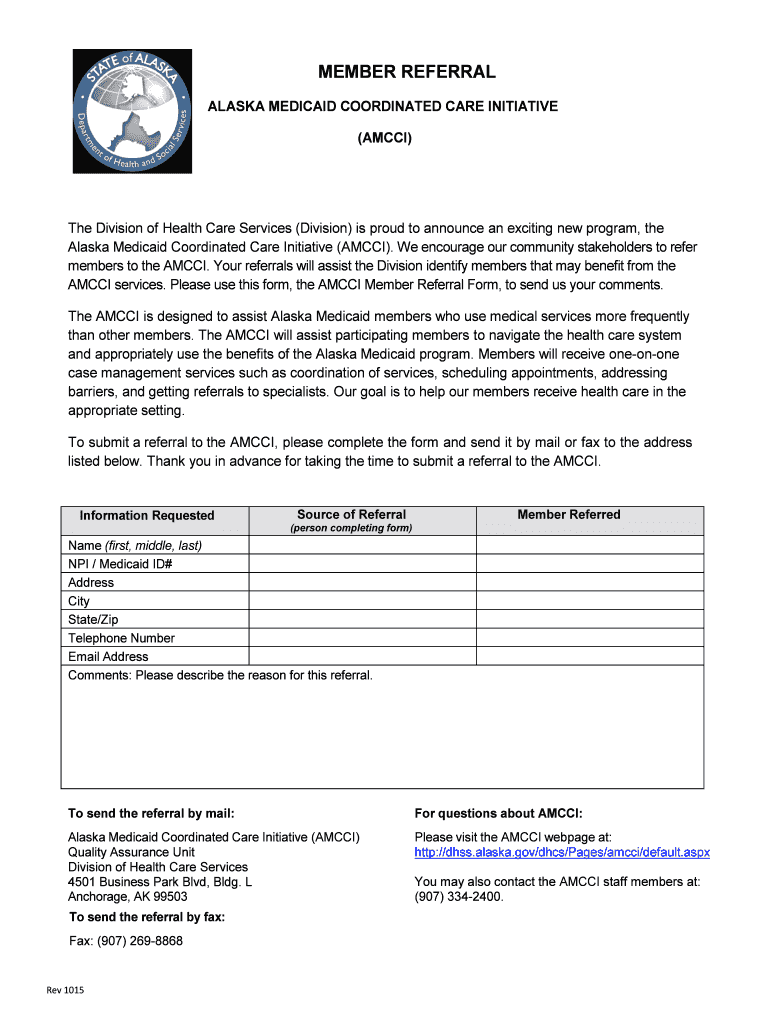 Fillable Online dhss alaska Alaska Medicaid Coordinated Care Initiative Member Referral Form ...