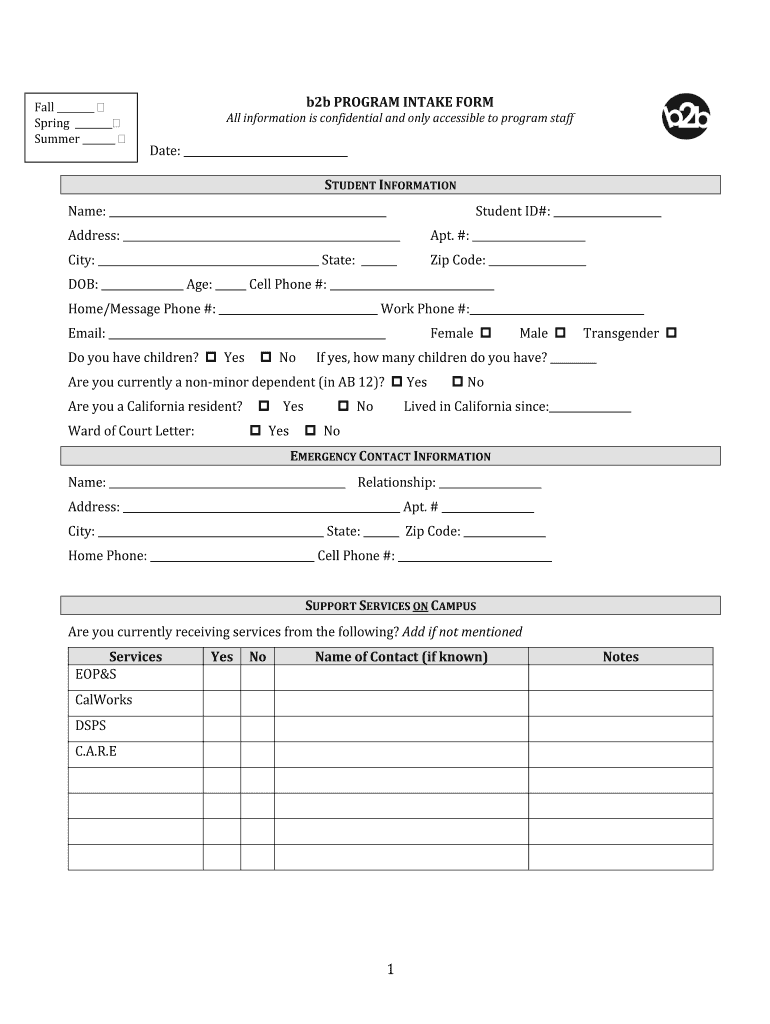Fillable Online b2b PROGRAM INTAKE FORM STUDENT INFORMATION Fax Email ...