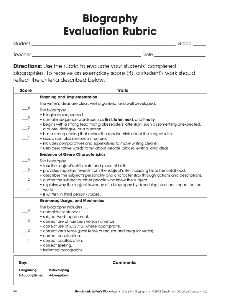 Fillable Online Biography Evaluation Rubric - Benchmark Education ...