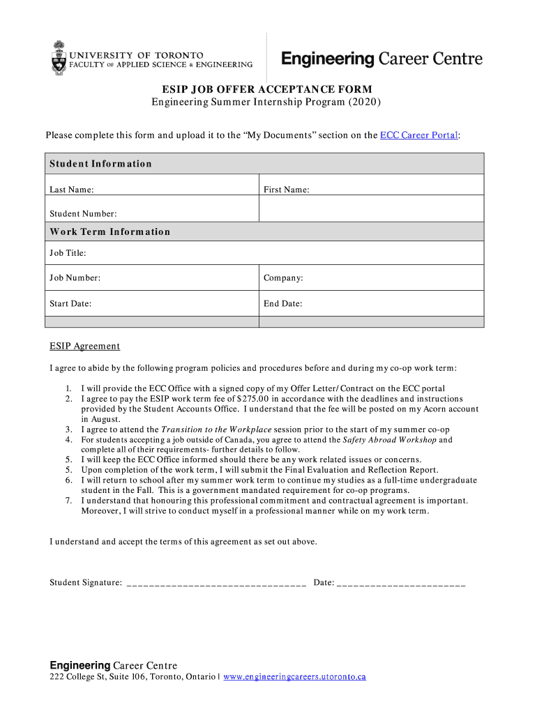 Fillable Online ESIP JOB OFFER ACCEPTANCE FORM Engineering Summer ...