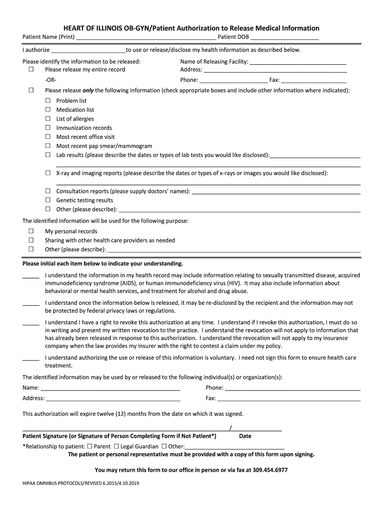 Fillable Online HEART OF ILLINOIS OB-GYN/Patient Authorization to ...