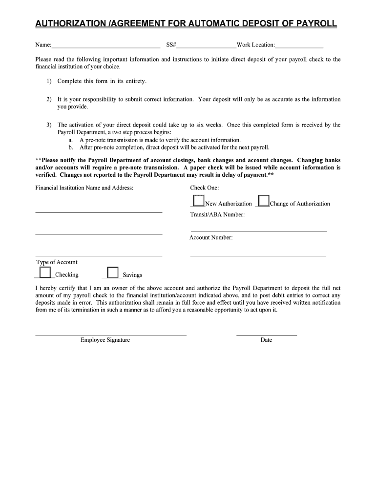 Fillable Online AUTHORIZATION / AGREEMENT FOR AUTOMATIC DEPOSIT OF PAYROLL ... Fax Email Print ...