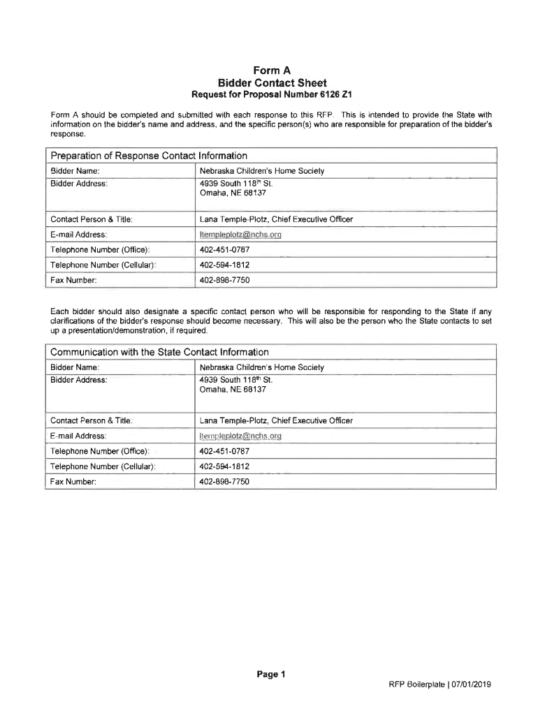 Fillable Online Form A Bidder Contact Sheet Request for Proposal Number ...