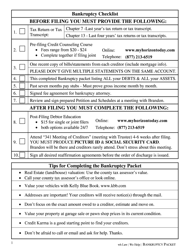 Bankruptcy Checklist - Fill Online, Printable, Fillable, Blank | pdfFiller