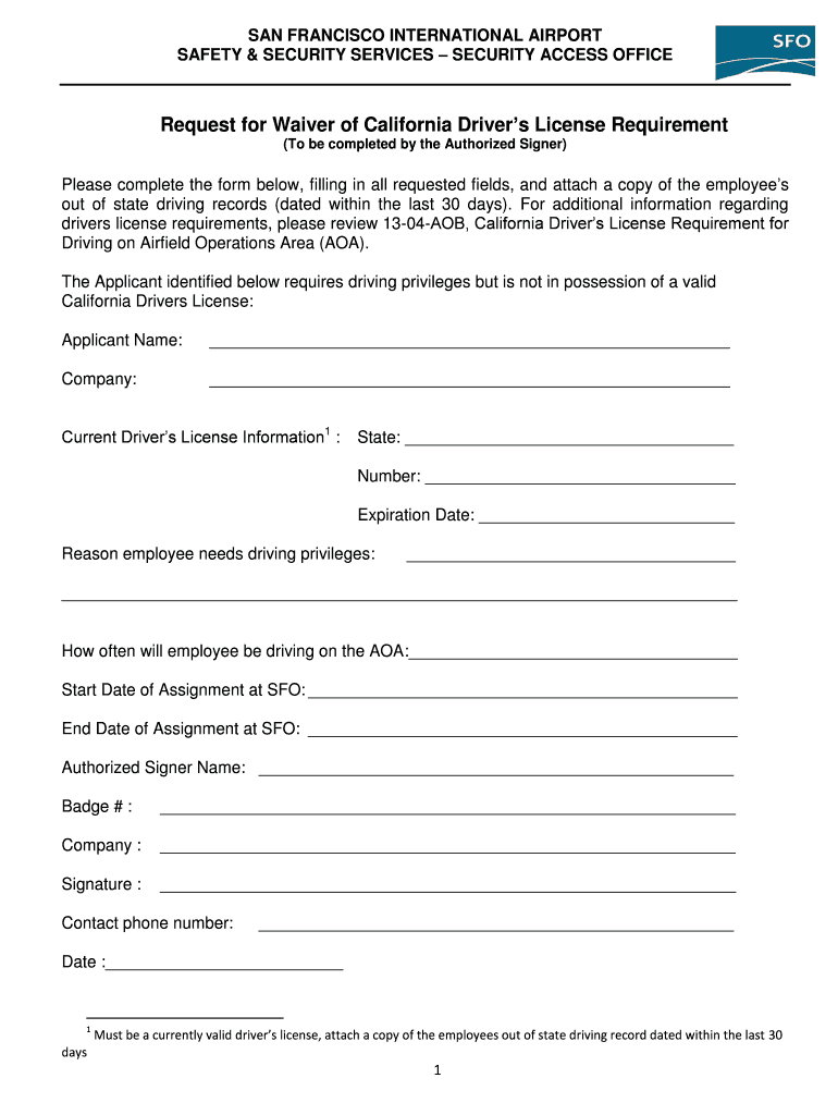 Fillable Online Air Operations Area Vehicle PermitsSFO Connect Fax Email Print - pdfFiller