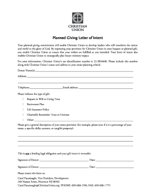 Fillable Online Christian Union Planned Giving Letter of Intent Fax ...
