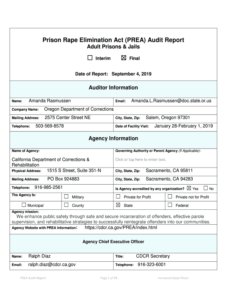 Fillable Online Prison Rape Elimination Act (PREA) Audit report. CDCR ...
