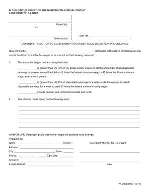 Fillable Online DEFENDANTS MOTION TO CLAIM EXEMPTION UNDER WAGE ...