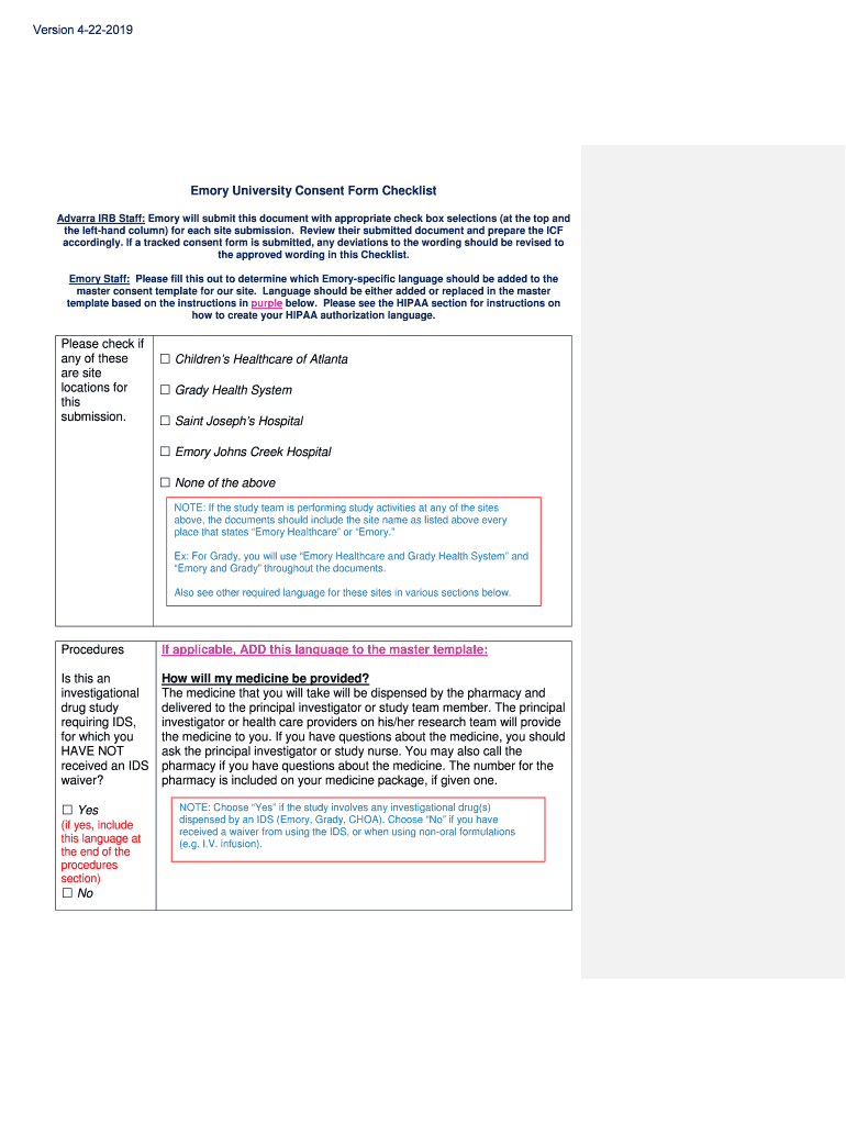 Fillable Online Emory University Consent Form Checklist - irb.emory.edu ...