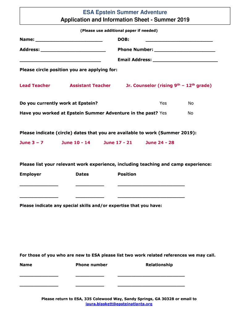 Fillable Online Epstein Summer Adventure Application and Information ...