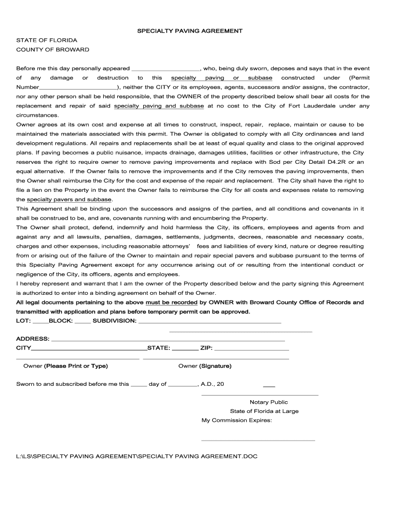 Fillable Online SPECIALTY PAVING AGREEMENT STATE OF FLORIDA COUNTY OF ...