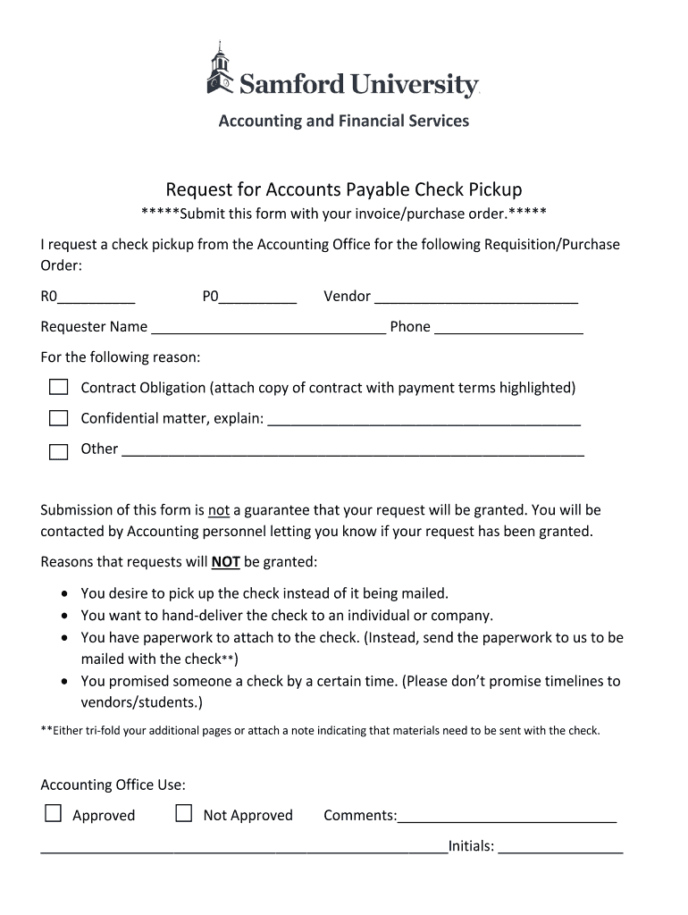 Fillable Online Request for Accounts Payable Check Pickup Fax Email ...