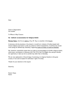 Fillable Online scc adventist Re: Sabbath Accommodation for Religious ...