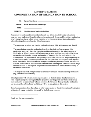 Fillable Online LETTER TO PARENTS ADMINISTRATION OF MEDICATION IN ...