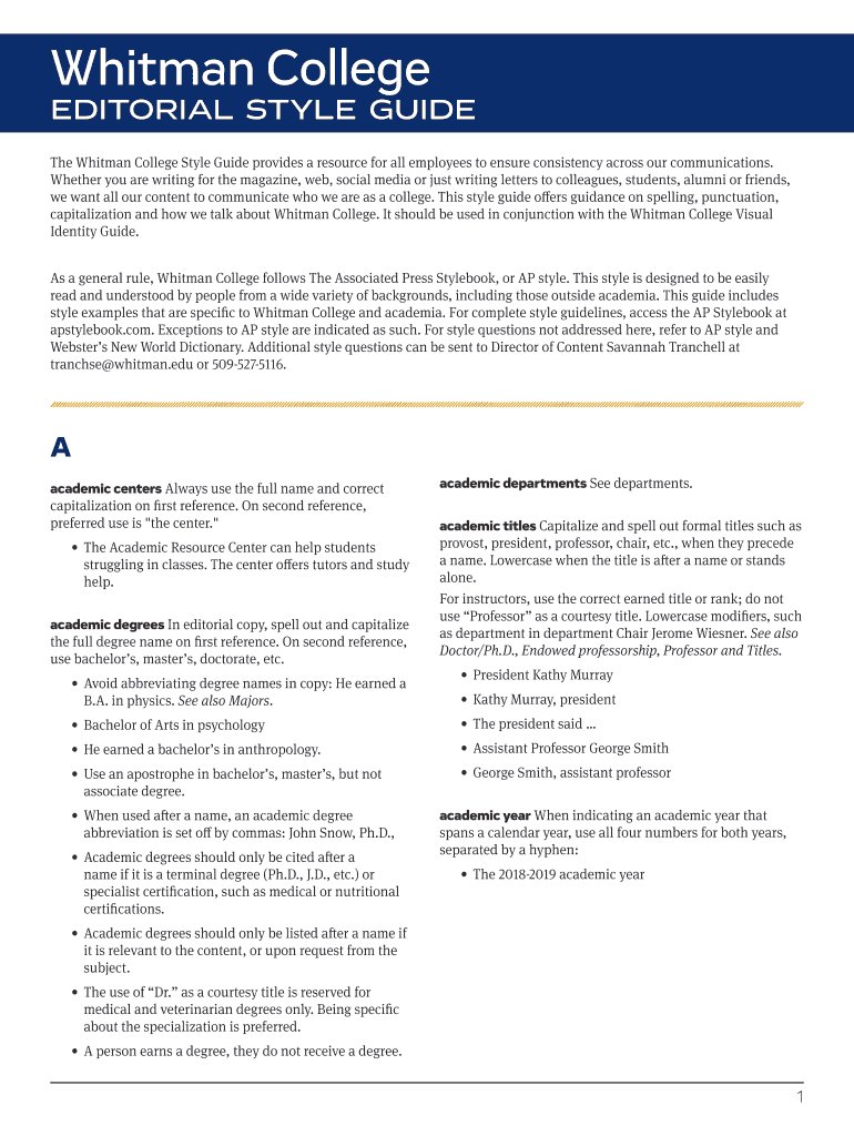 Fillable Online The Whitman College Style Guide provides a resource for ...