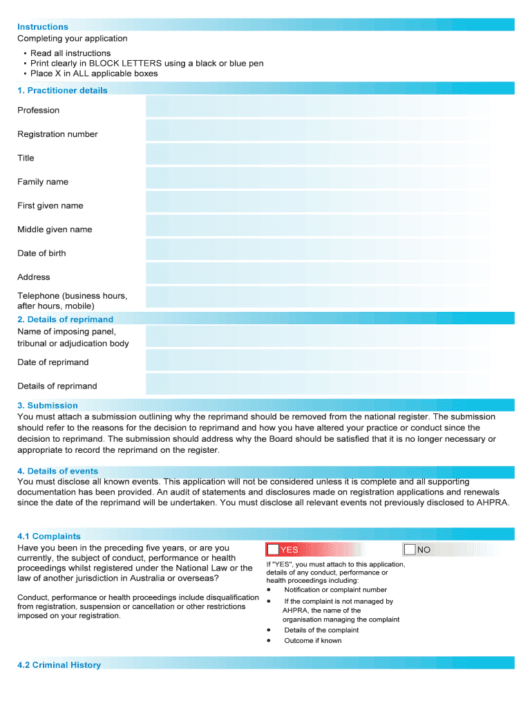 Fillable Online AHPRA---Form---Application-to-remove-reprimand-from ...
