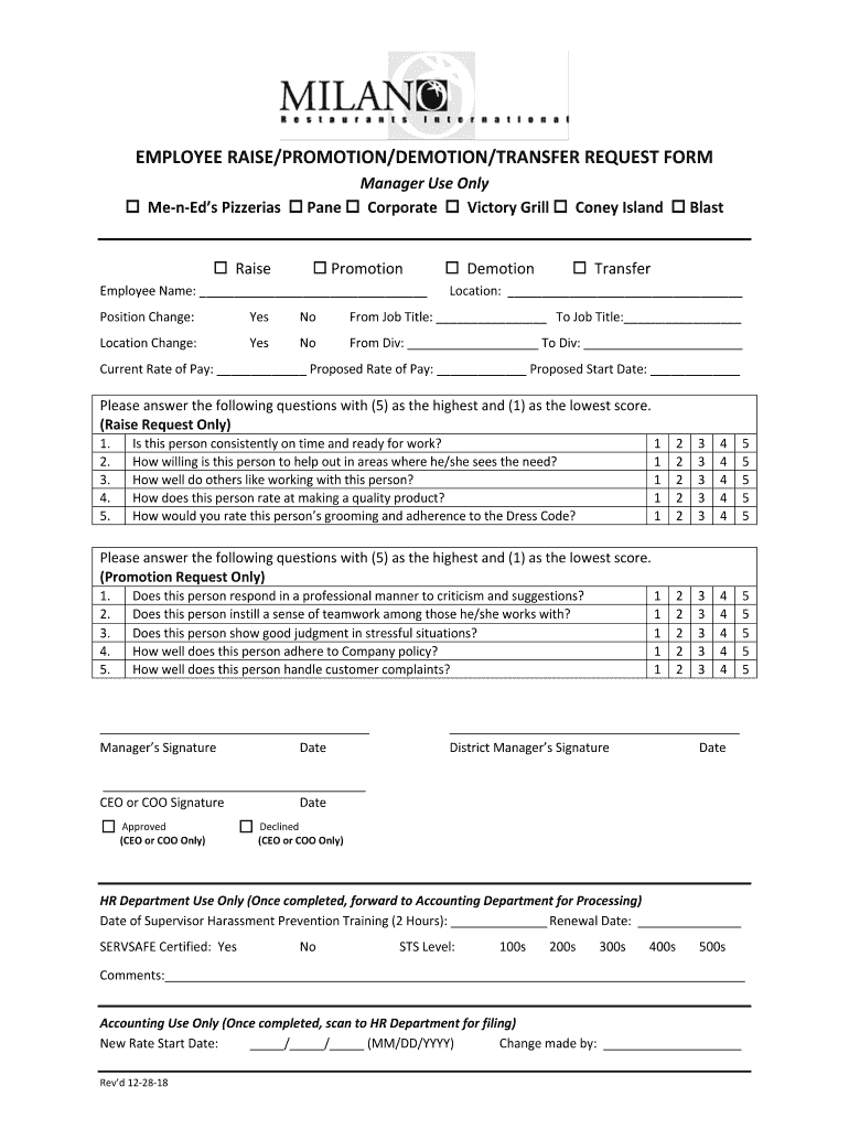 Fillable Online EMPLOYEE RAISE/PROMOTION/DEMOTION/TRANSFER REQUEST FORM ...