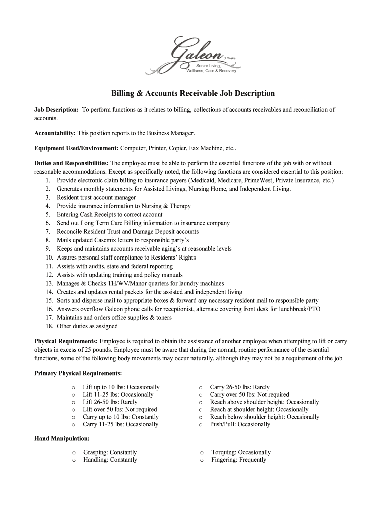 Accounts Receivable Specialist Job Description - Fill Online, Printable ...