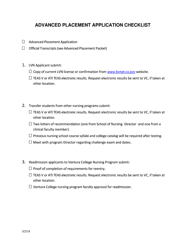 Fillable Online Advanced Placement Application Checklist 5.2.18 Fax ...
