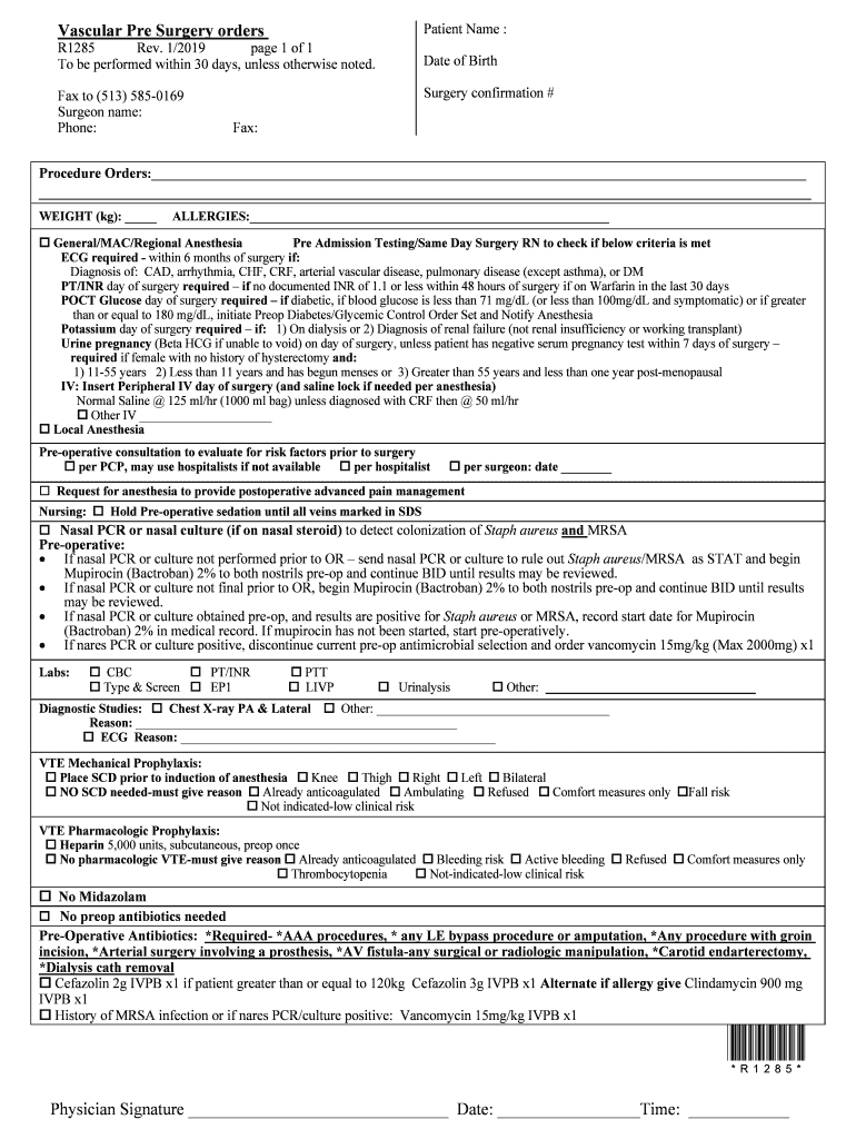 Fillable Online R1285 Vascular Pre-Surgery Order Form 2019-1.docx Fax ...