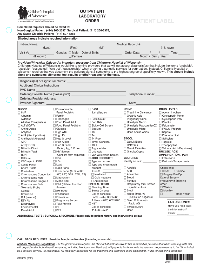 Fillable Online ORDER PATIENT LABEL - Children's Hospital of Wisconsin ...