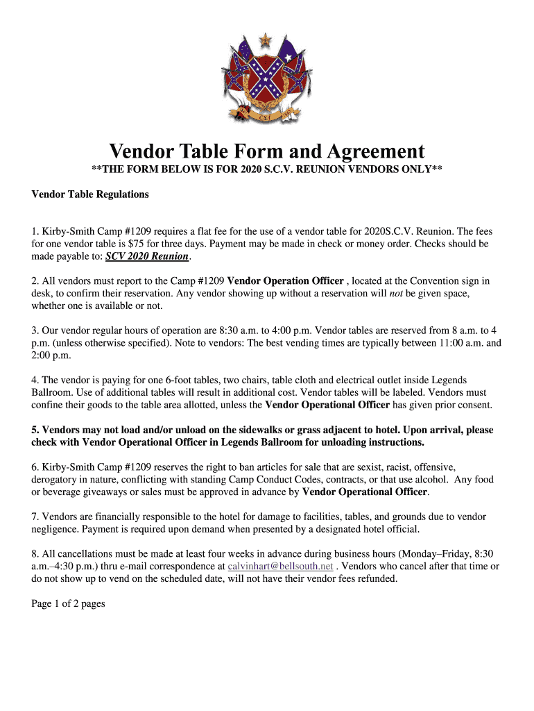 Fillable Online Vendor Table Form and Agreement - scv2020reunion.com ...