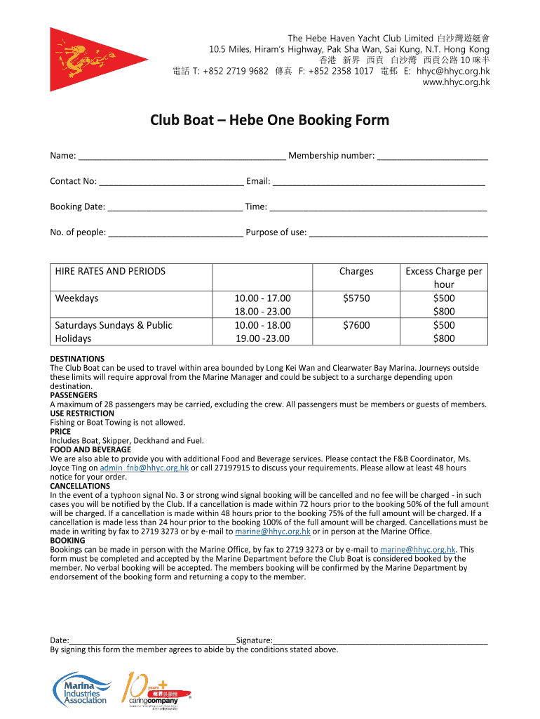 Fillable Online Club Boat Hebe One Booking Form Fax Email Print - pdfFiller
