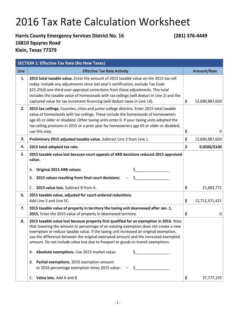Fillable Online 2019 Tax Rate Calculation Worksheet - hctax.net Fax ...