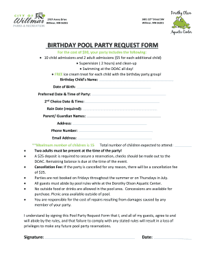 Fillable Online BIRTHDAY POOL PARTY REQUEST FORM Fax Email Print ...