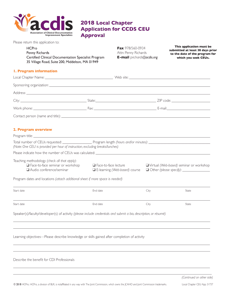 Fillable Online 2018 Local Chapter Application for CCDS CEU Approval ...