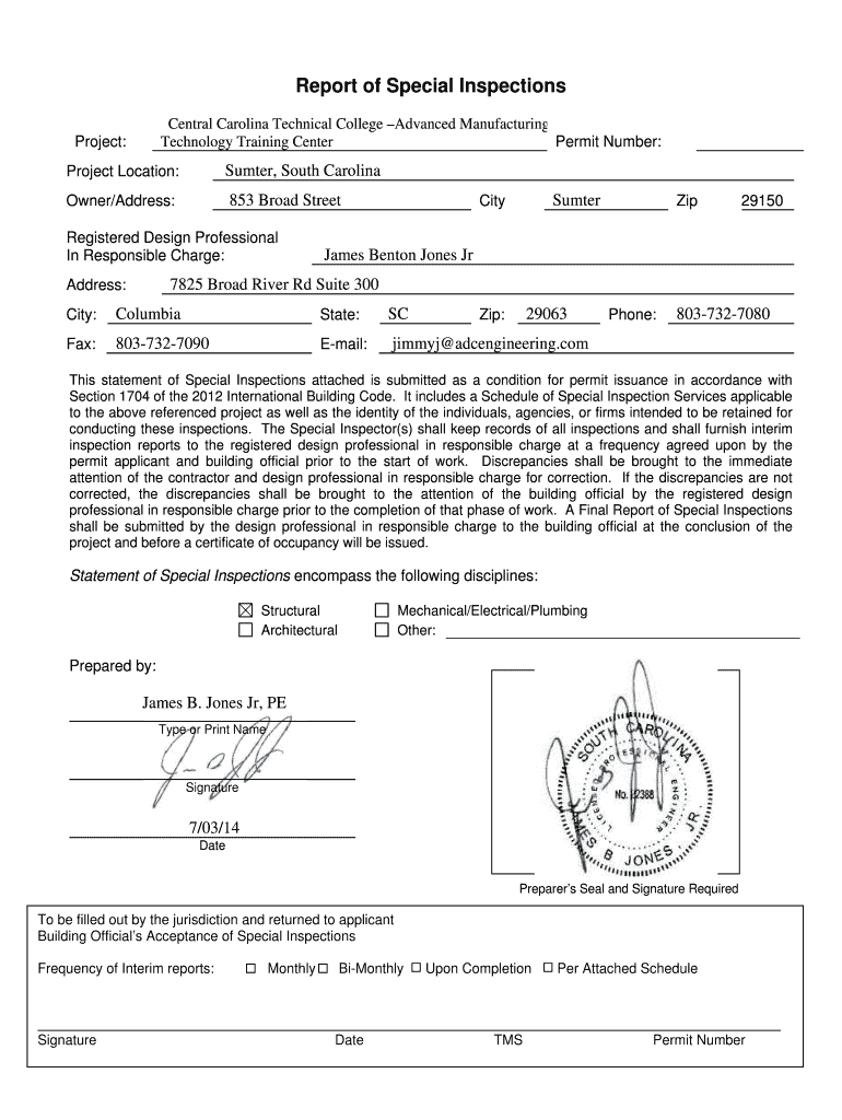 Fillable Online Report of Special Inspections - Central Carolina ...