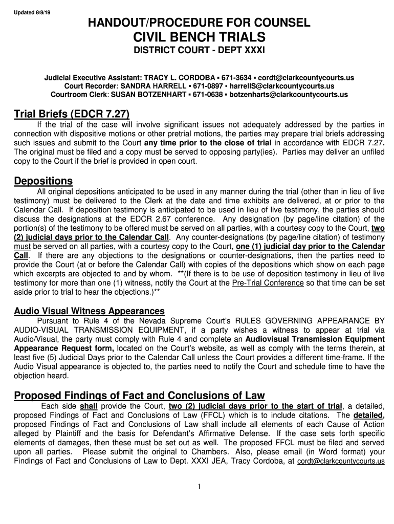 Fillable Online HANDOUT/PROCEDURE FOR CIVIL BENCH TRIALS IN DEPARTMENT ...
