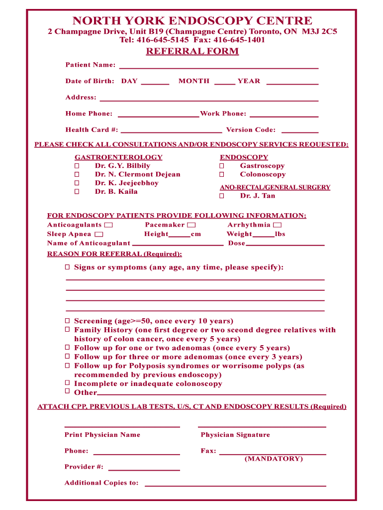 North York Endoscopy Centre Referral Form - Blank Fillable Template ...
