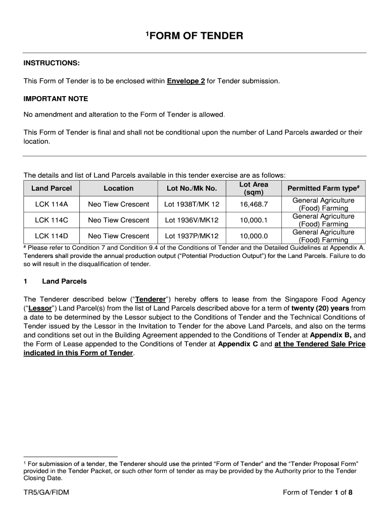 Fillable Online 1FORM OF TENDER Envelope 2 for Tender submission. Fax ...
