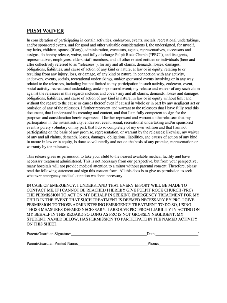 Fillable Online Pulpit Rock Student Ministries Consent and Release Fax ...