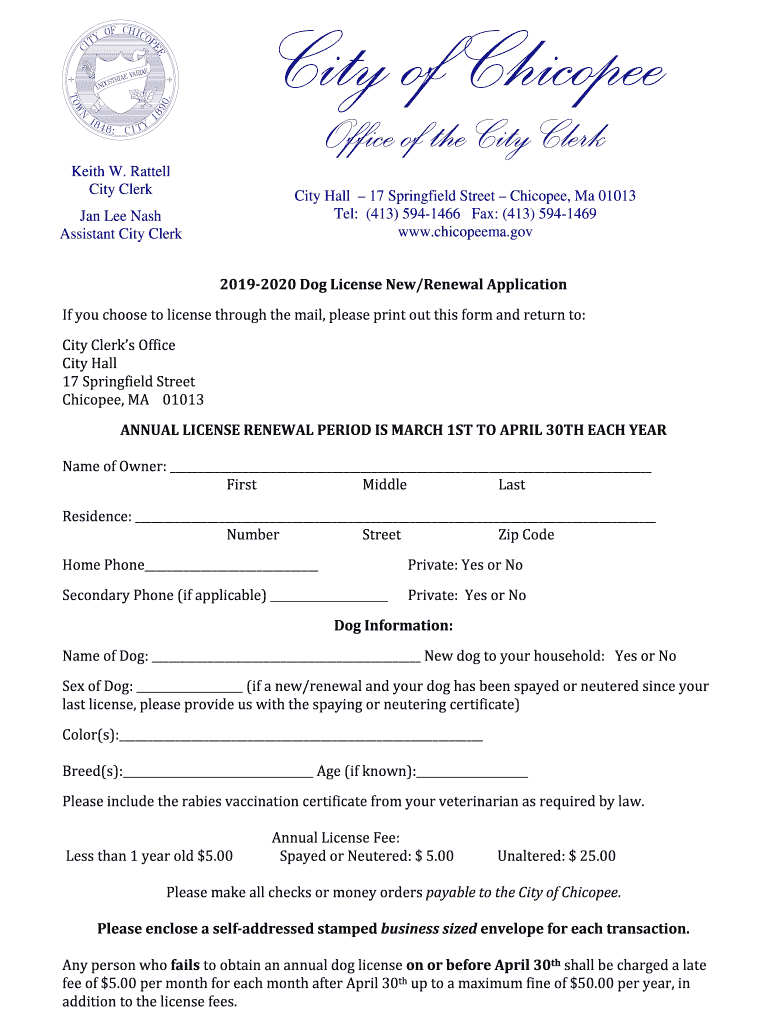 Fillable Online 2019-2020 Dog License New-Renewal Application Fax Email ...