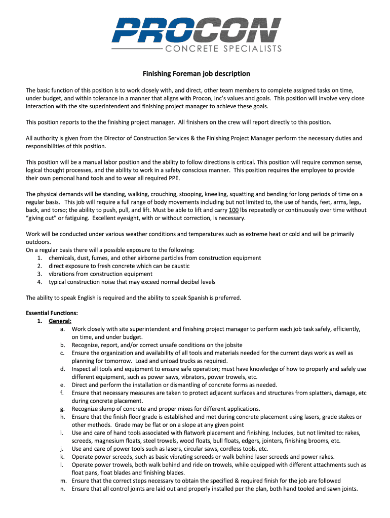 Fillable Online Site Foreman Job Description (Reports to General ...