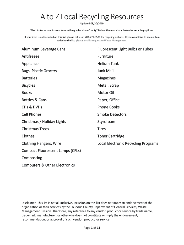 Fillable Online A to Z Local Recycling Resources - Loudoun County, VA ...