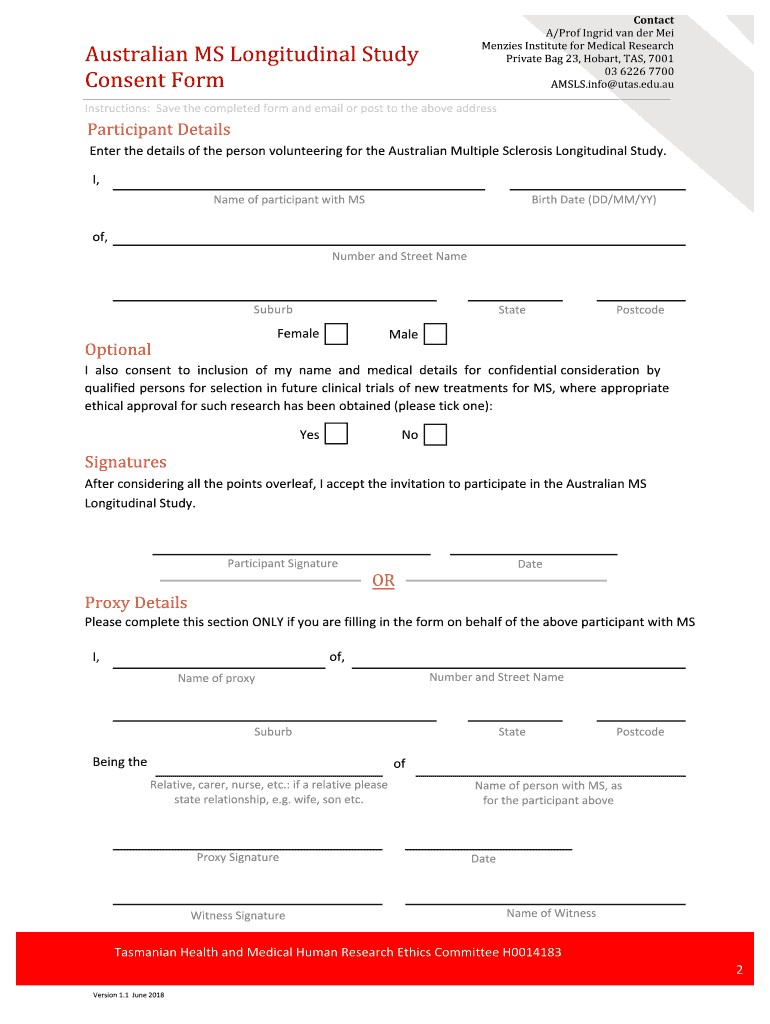 Fillable Online msra org Australian MS Longitudinal Study Consent Form Fax Email Print - pdfFiller