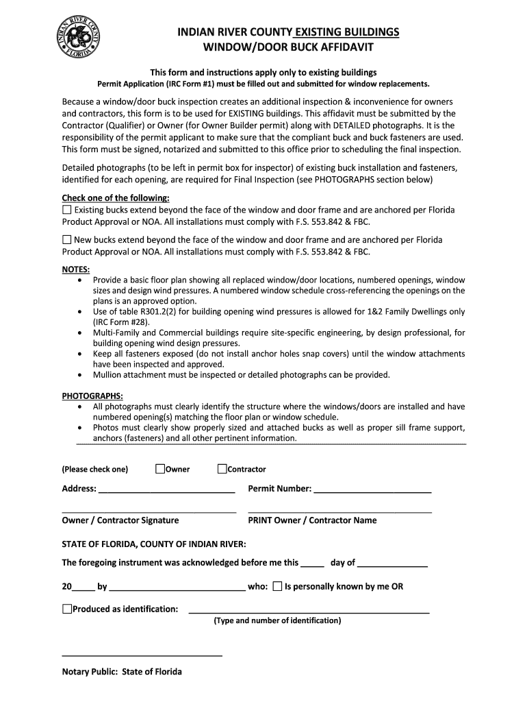 Fillable Online indian river county existing buildings window/door buck affidavit Fax Email ...