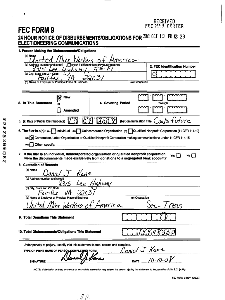 Fillable Online FEC FORM 9 : 24 HOUR NOTIFICATION SIGN IN FOR ... Fax ...