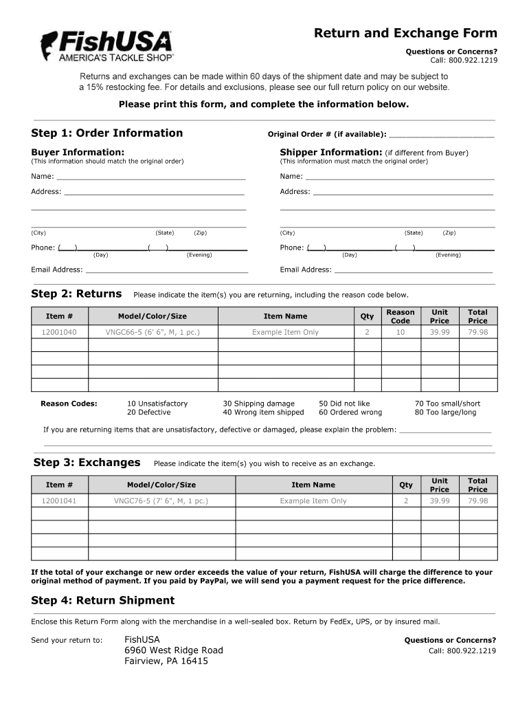 Fillable Online Return and Exchange Form - FishUSA Fax Email Print ...