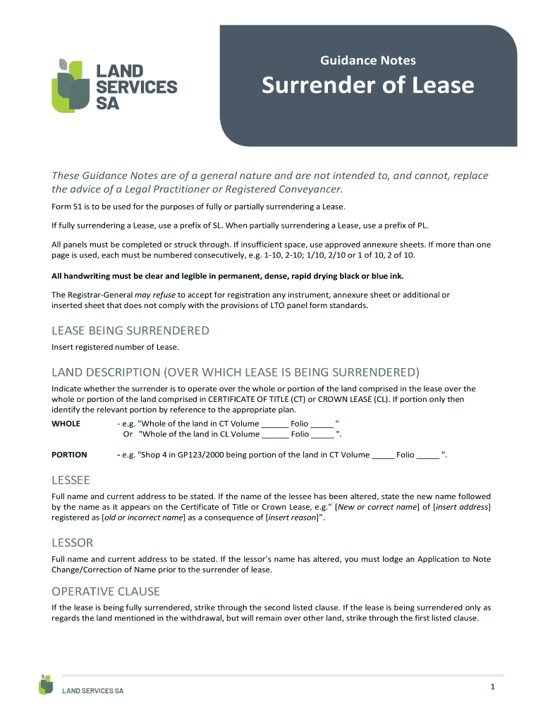 Fillable Online Surrender of Lease - Land Services SA Fax Email Print ...