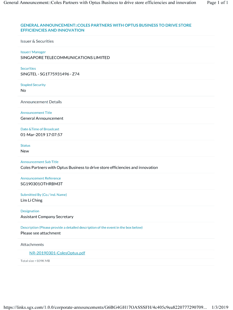 Fillable Online General Announcement::Coles Partners with Optus Business to drive store ...