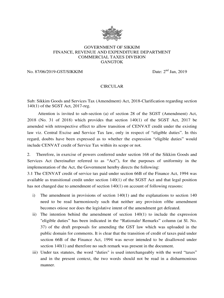 Fillable Online GOVERNMENT OF SIKKIM FINANCE ... - Sikkim GST Fax Email ...