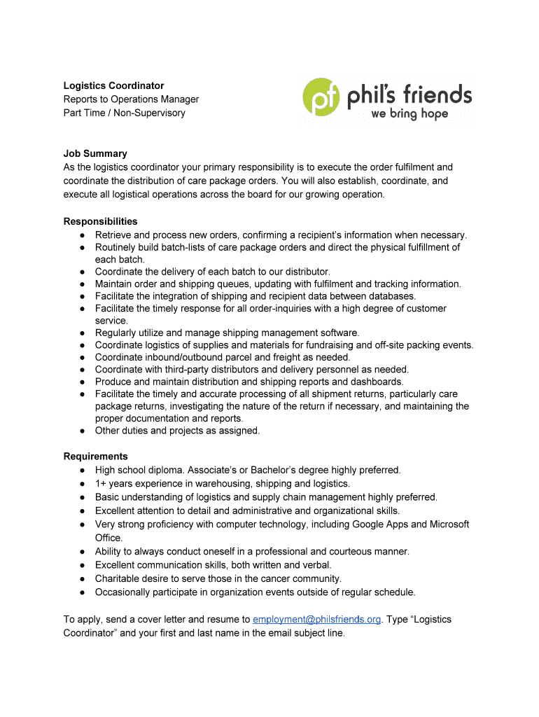 Fillable Online Logistics Coordinator job description templateWorkable ...