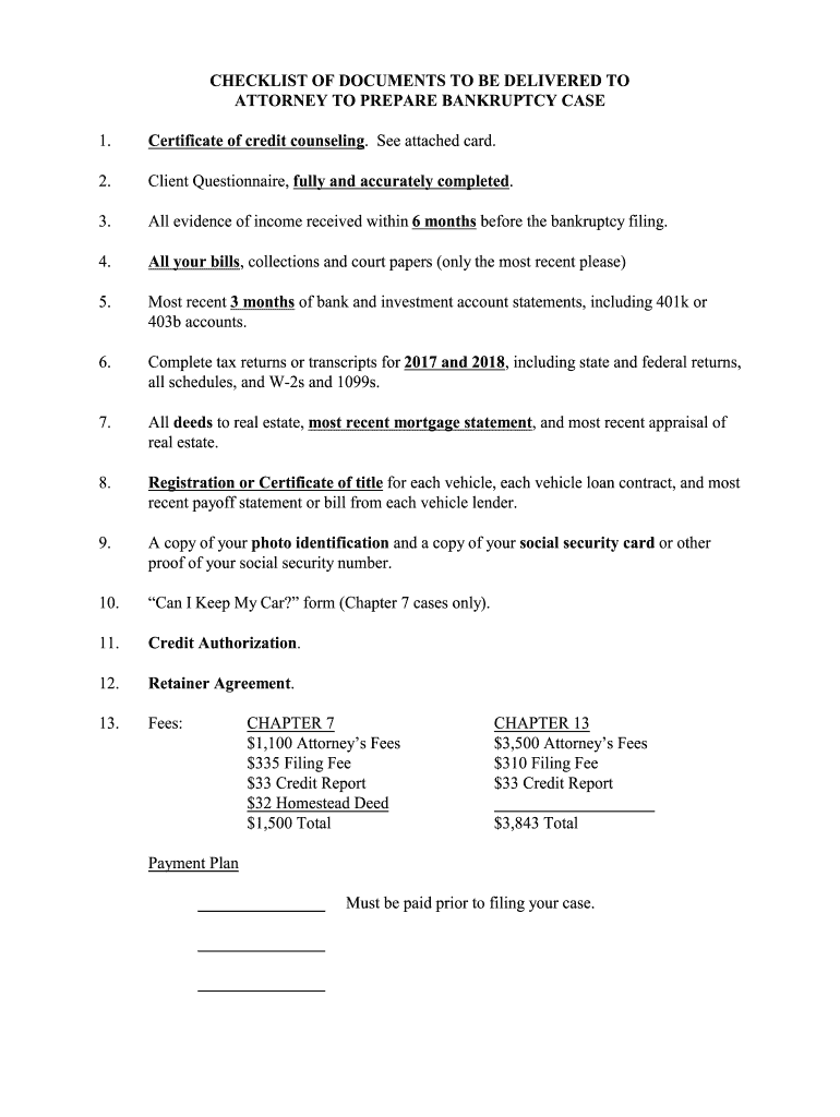 Fillable Online Bankruptcy: Checklist of Financial Documents You'll ...
